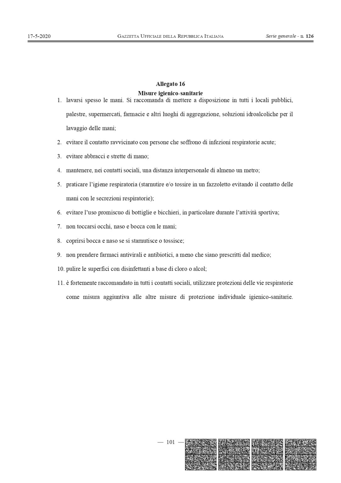 D.P.C.M. del 17.05.2020 - Allegato 16: Misure igienico-sanitarie - AdLabor