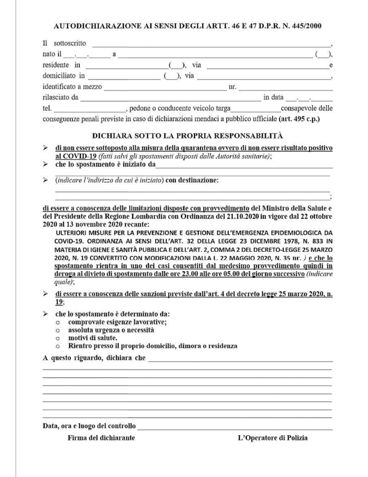 Nuova autocertificazione Regione Lombardia - Ottobre 2020 | Adlabor ...